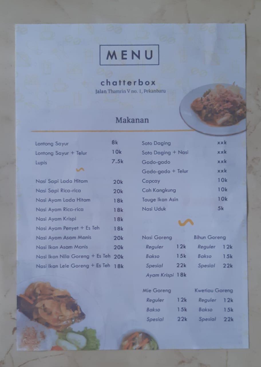 Menu at Chatterbox Cafe, Pekanbaru