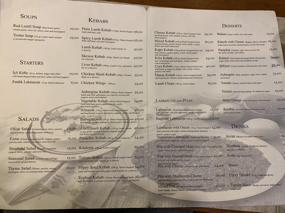 Menu at Çiya Sofrası, Istanbul, Güneşli Bahçe Sok