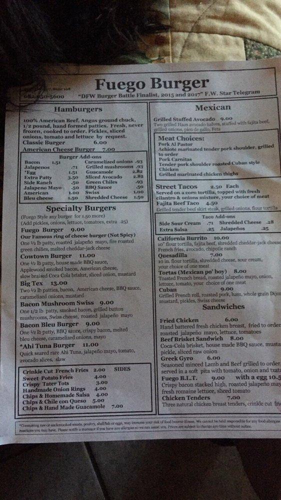 Menu at Fuego Burger restaurant, Fort Worth, Benbrook Blvd #108