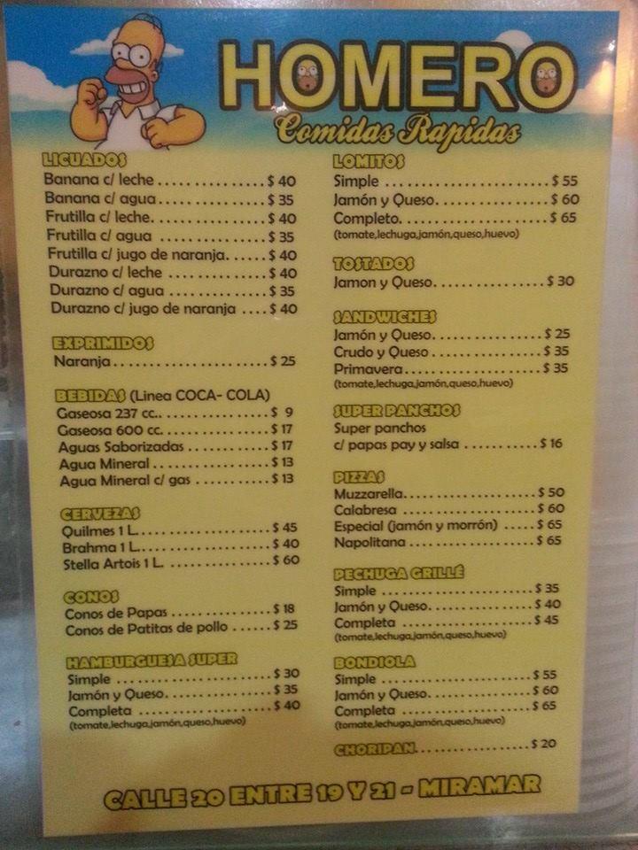 Menu at Homero pizzeria, Miramar