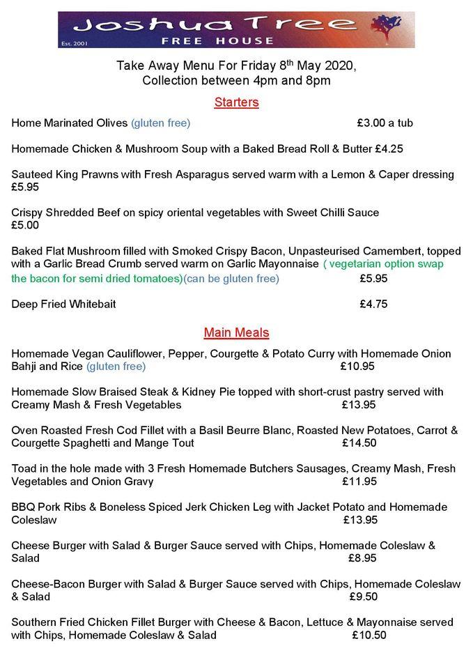Menu at The Joshua Tree restaurant, Redhill