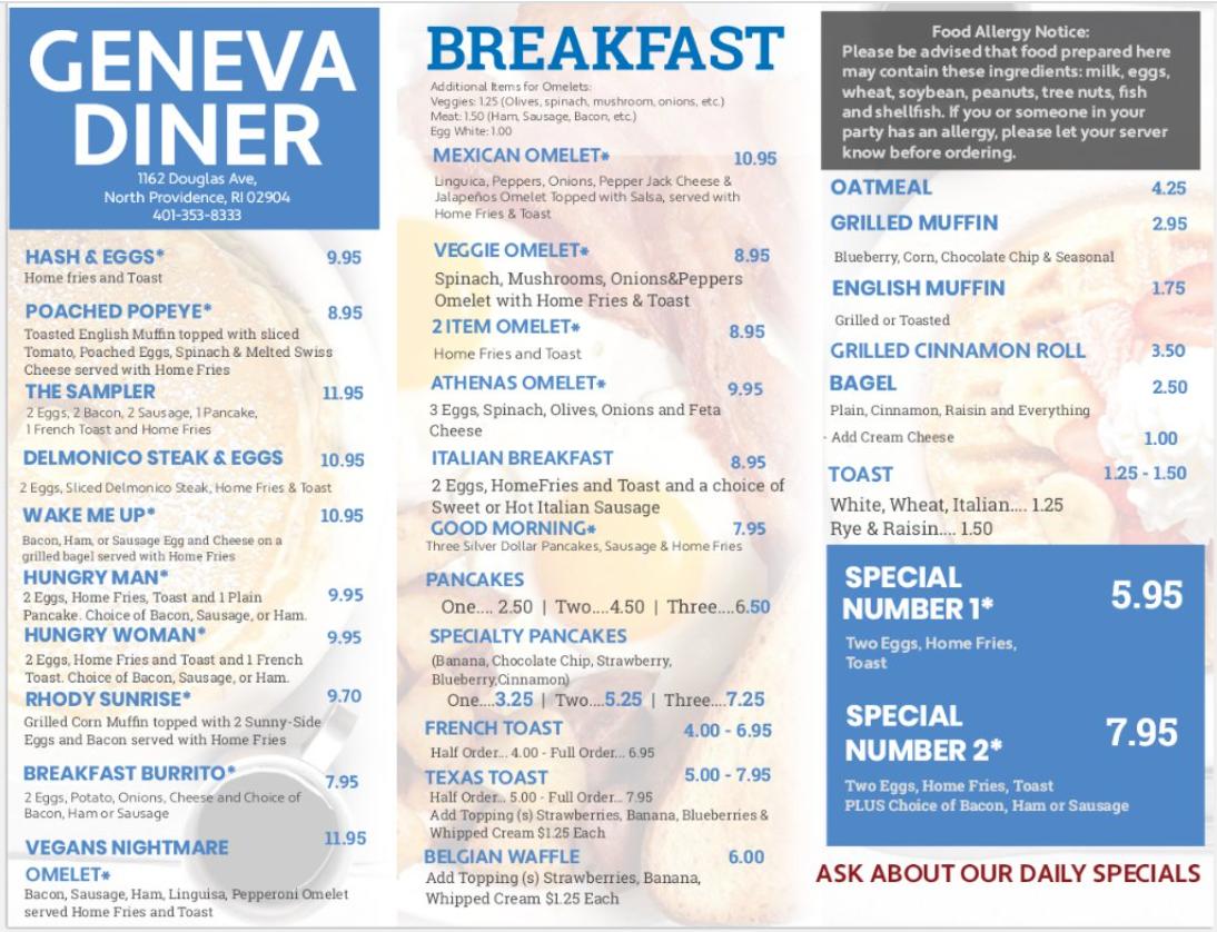 Menu at Geneva Diner cafe, North Providence, Douglas Ave