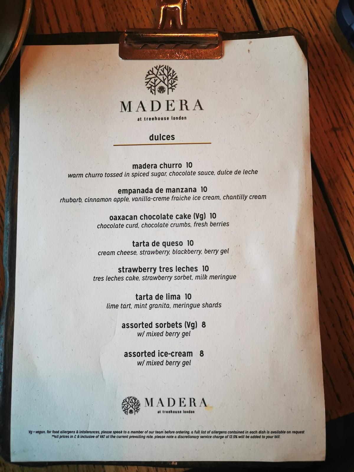 Carta del restaurante Madera at Treehouse London, Londres
