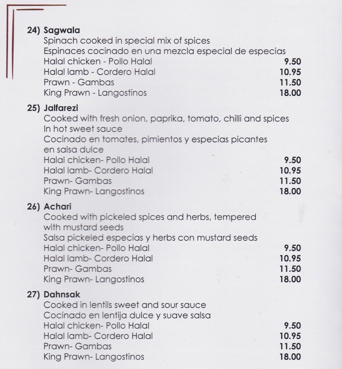 Menu at Spice Village restaurant, Cancelada
