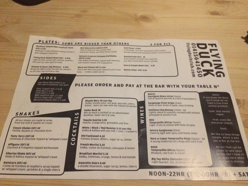 Menu at The Flying Duck pub & bar, Glasgow
