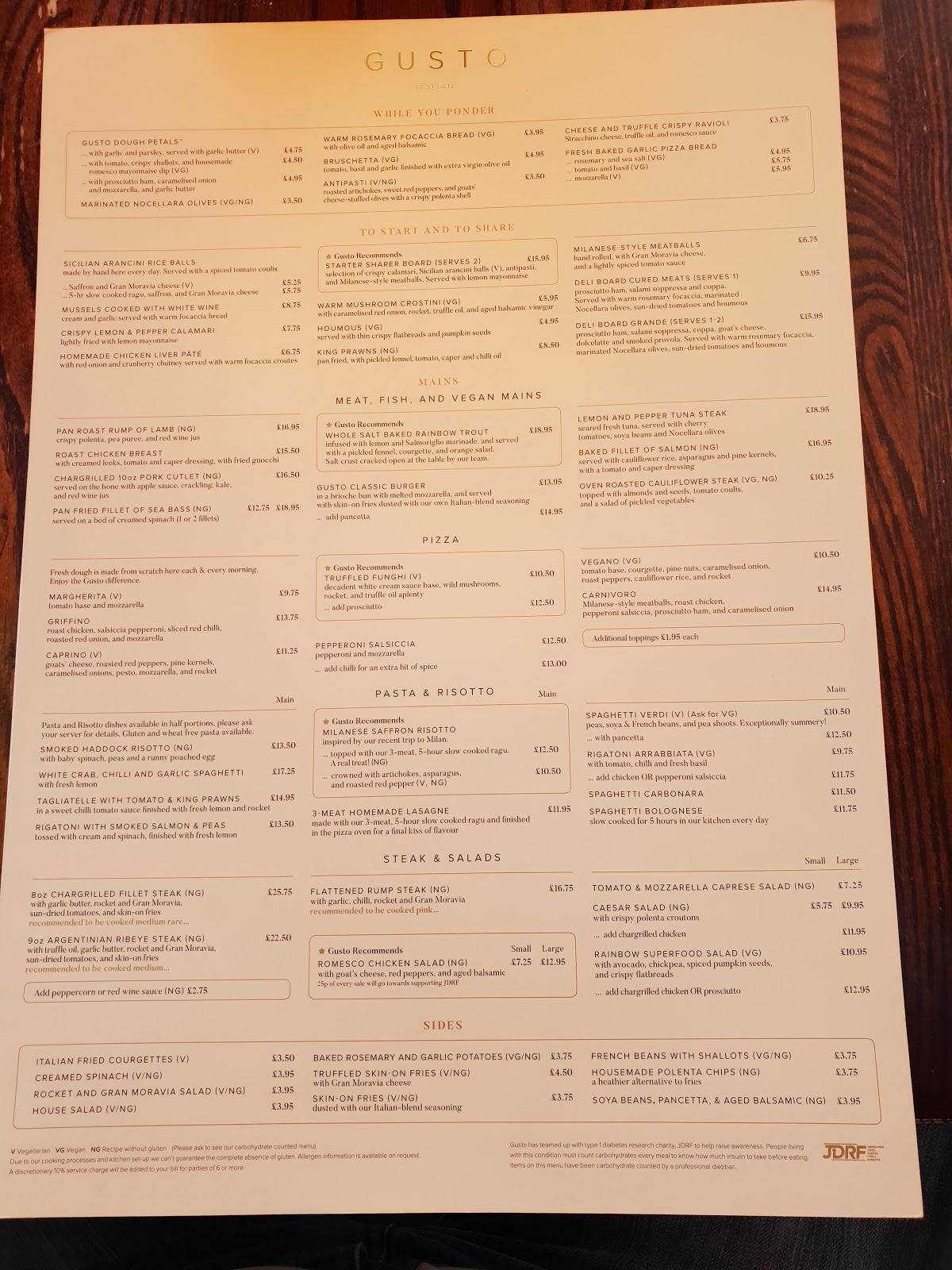 Menu at Gusto Italian pub & bar, Leeds, 151 Otley Old Rd