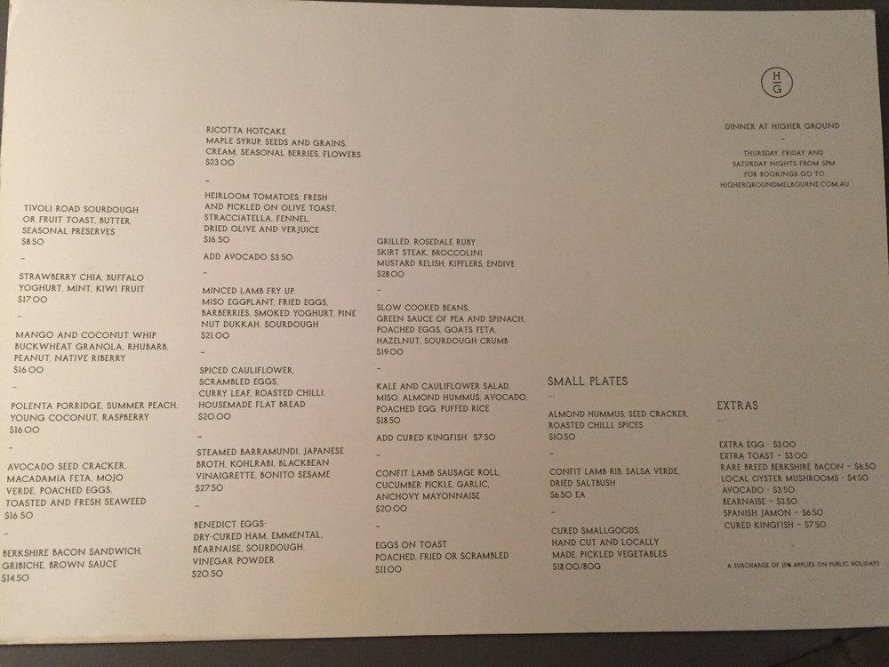 Menu at Higher Ground cafe, Melbourne