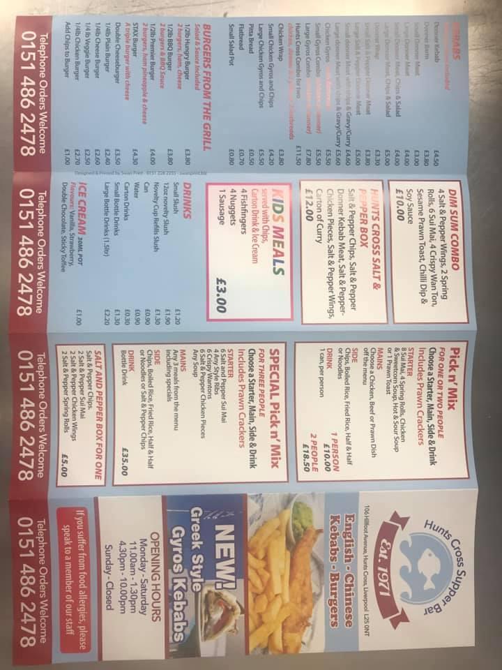 Menu at Hunts Cross Supper Bar, Liverpool