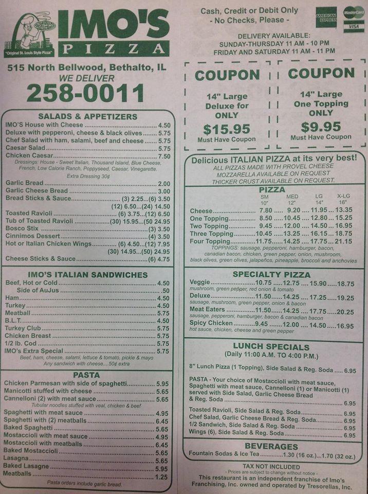 Menu at Imo's Pizza pizzeria, Bethalto, 515 N Bellwood Rd