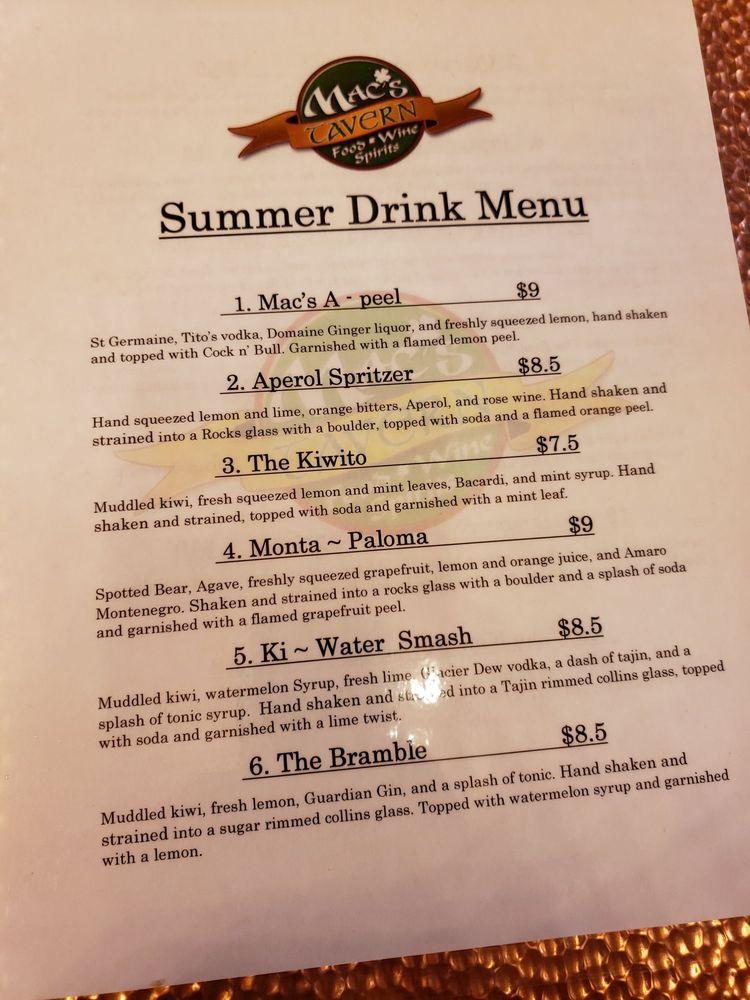 Menu at Mac's Tavern pub & bar, Butte
