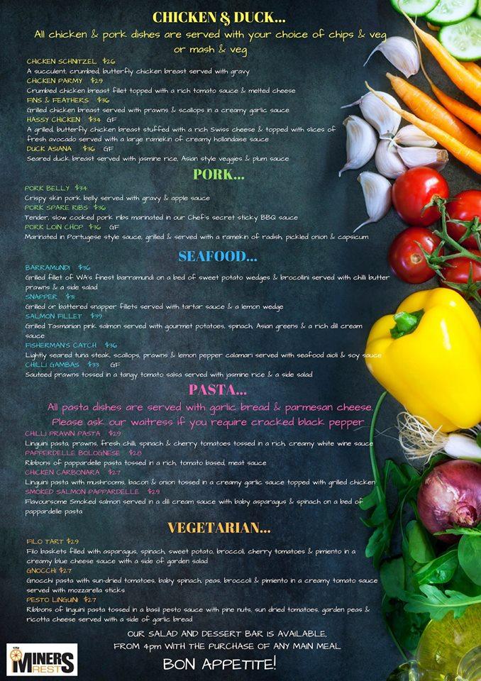 Menu at The Miners Rest Motel pub & bar, Kalgoorlie