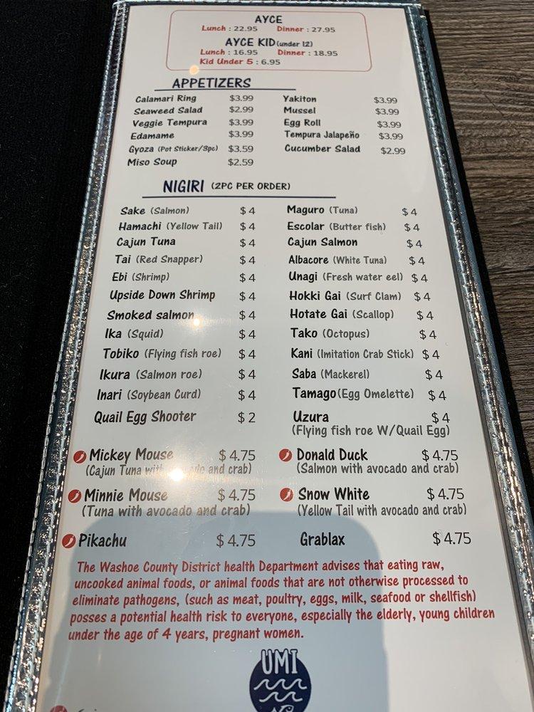 Menu at Umi Sushi restaurant, Reno