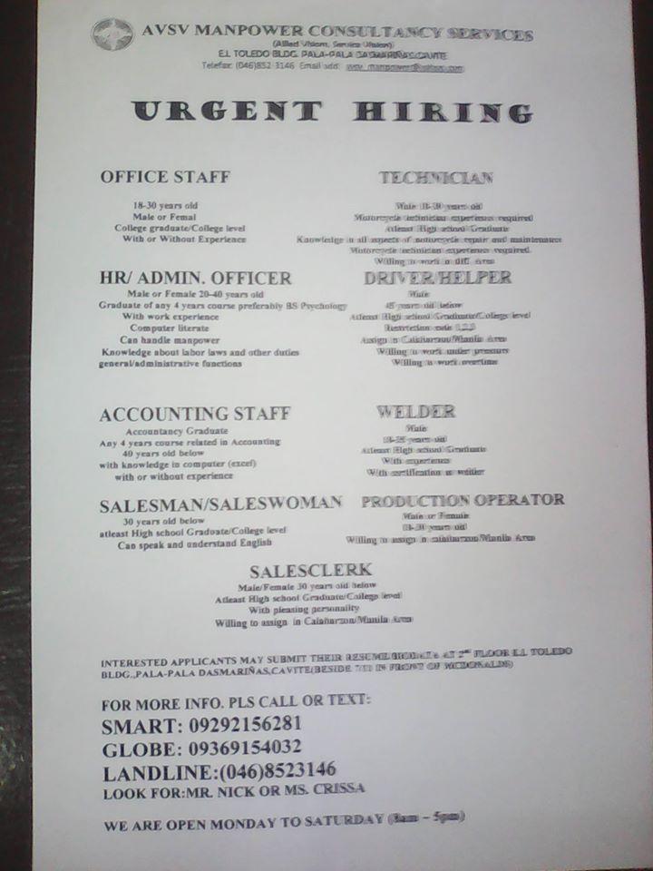 Menu at AVSV Manpower Consultancy Services, Dasmariñas