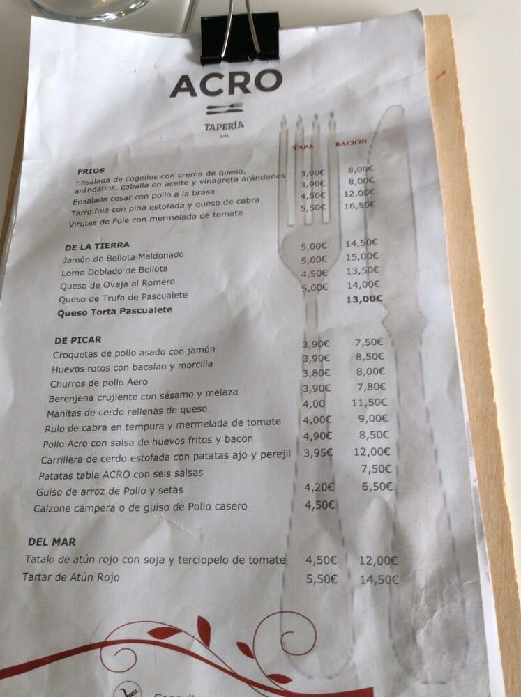 Carta del pub y bar Acro Brasería Tapería, Badajoz