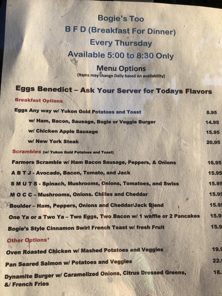 Menu at Bogie's Too - Home of Marin's Best Eggs Benedict, & Buttermilk ...