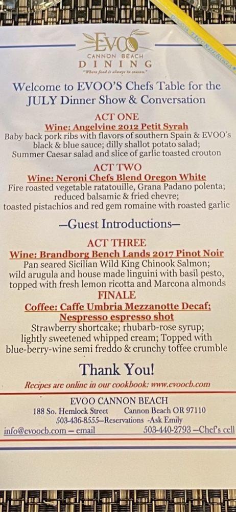 Menu at EVOO Dining Cannon Beach restaurant, Cannon Beach