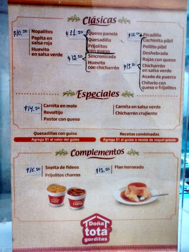 Menu at Gorditas Doña Tota restaurant, Cancún, Pino 19
