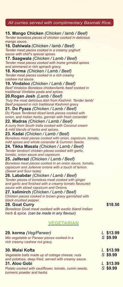 Menu at Indian Pavilion restaurant, Tauranga