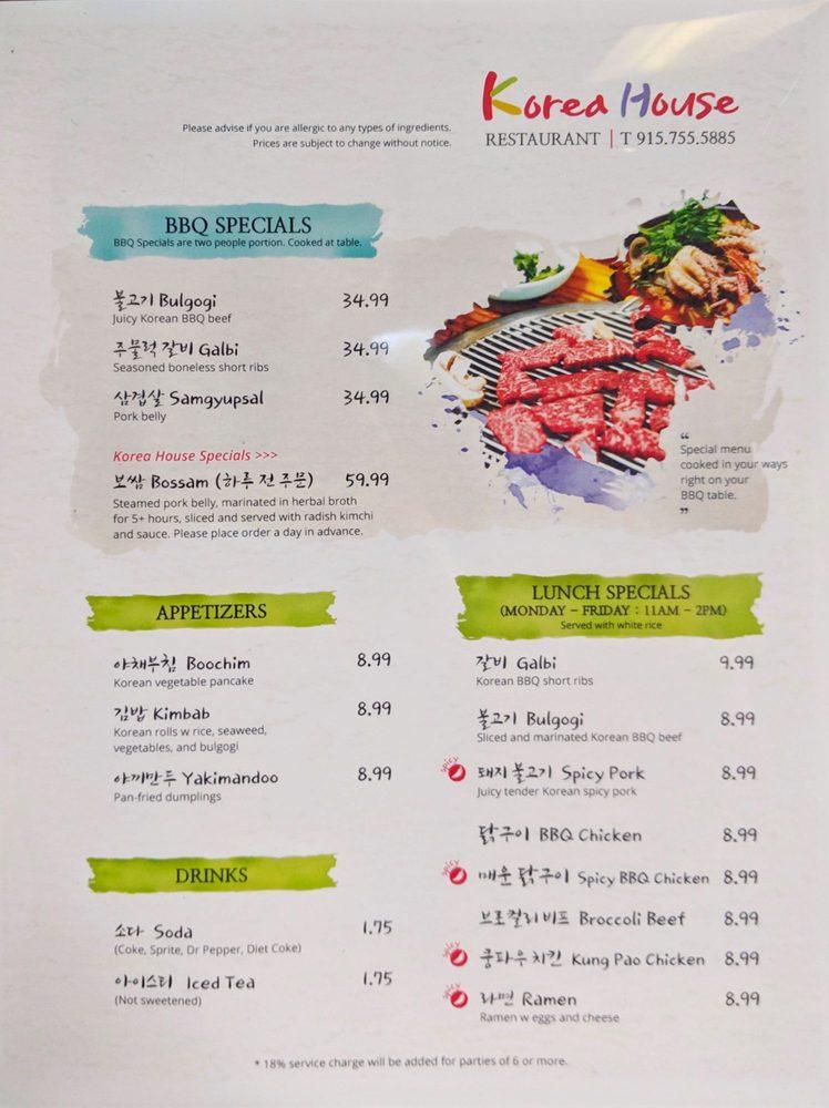 Menu at Korea House Restaurant, El Paso
