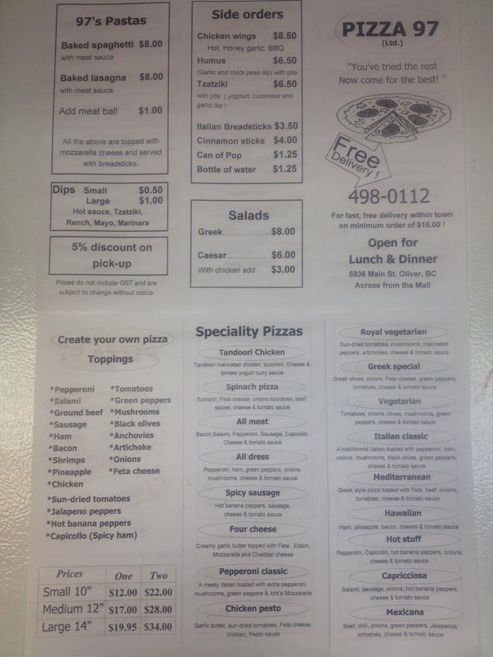Menu at Pizza 97 restaurant, Oliver