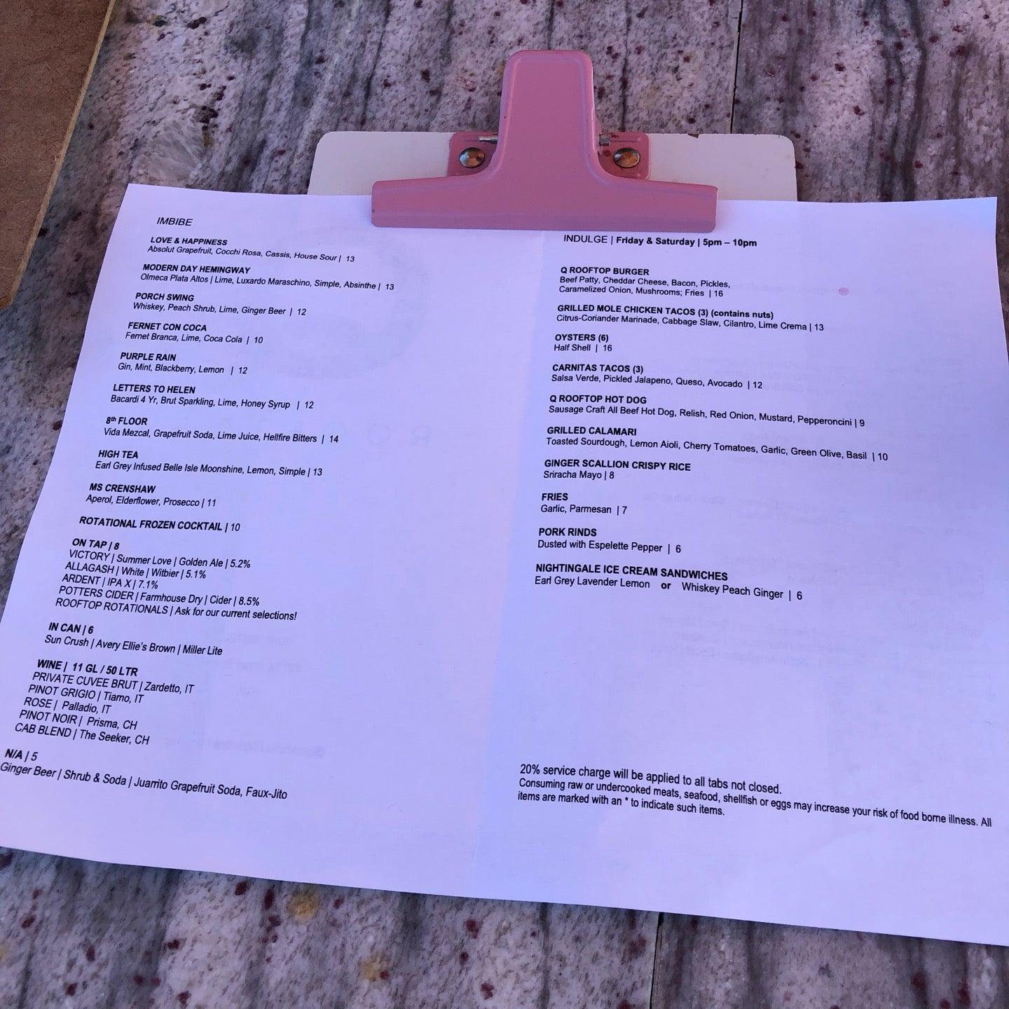 Menu at Q Rooftop Bar, Richmond