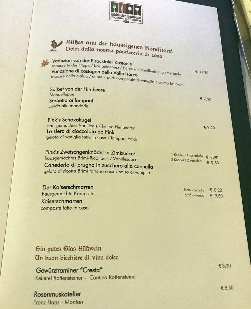 Speisekarte von fink Restaurant & Suites, Brixen, Via Portici Minori