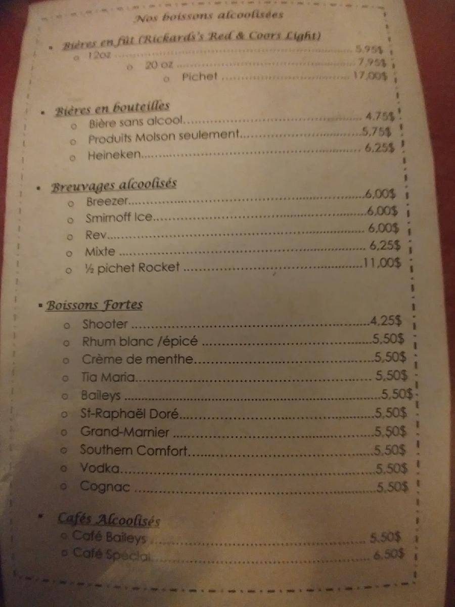 Menu at Resto Le St-Jacques restaurant, Coaticook