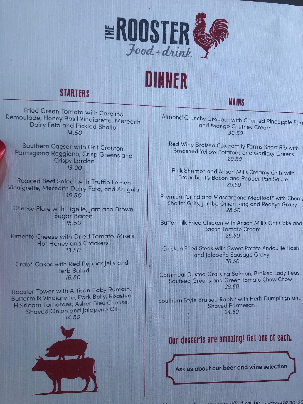 Menu at The Rooster Food+Drink restaurant, Naples