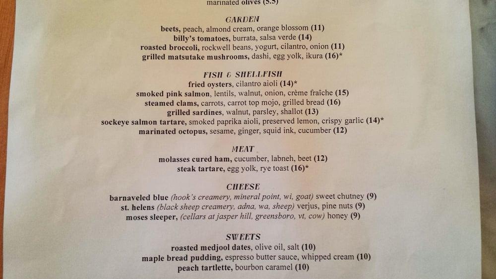 Menu at The Walrus and the Carpenter restaurant, Seattle