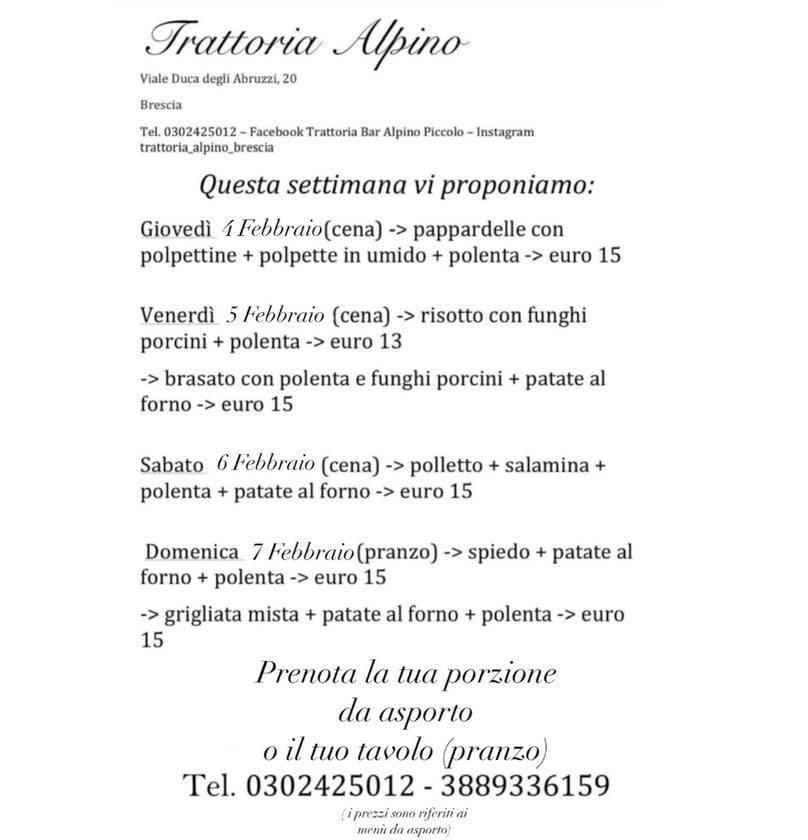 Menu at Trattoria "Alpino" restaurant, Brescia