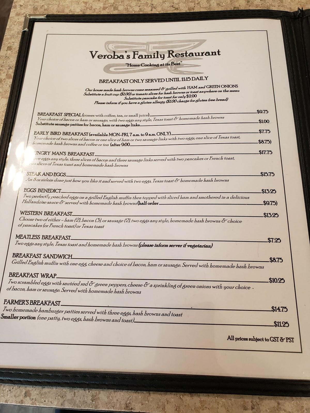 Menu at Veroba's Family Restaurant, Moose Jaw