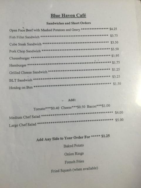 Menu at Blue Haven Cafe, Irondale
