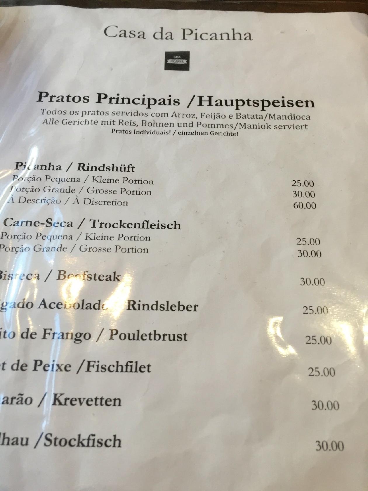 Menu at Casa da Picanha, Zürich