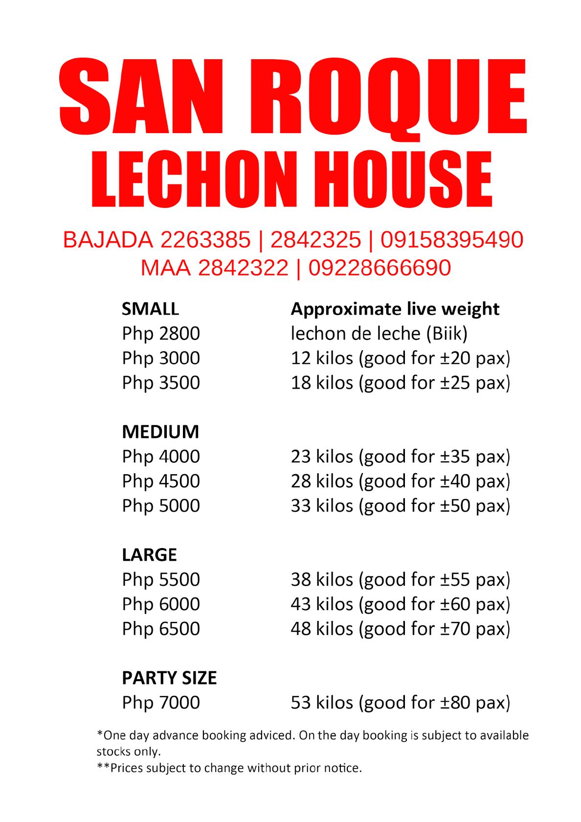 Carta del restaurante San Roque Lechon House, Dávao, C09