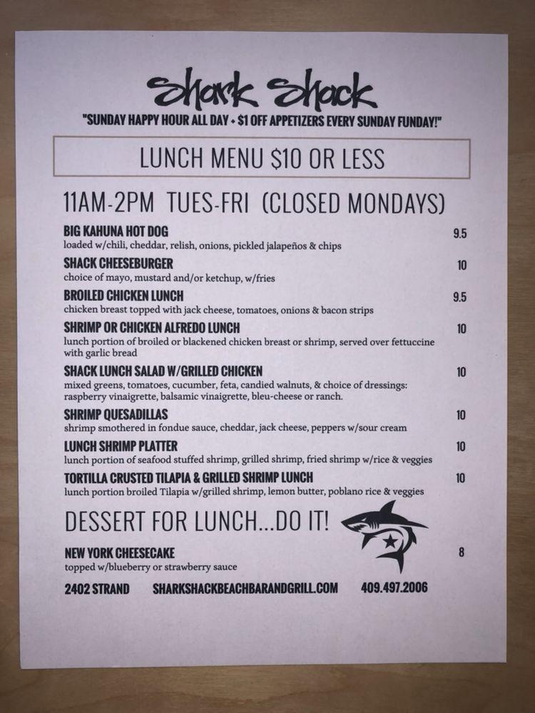 Menu at Shark Shack restaurant, Galveston
