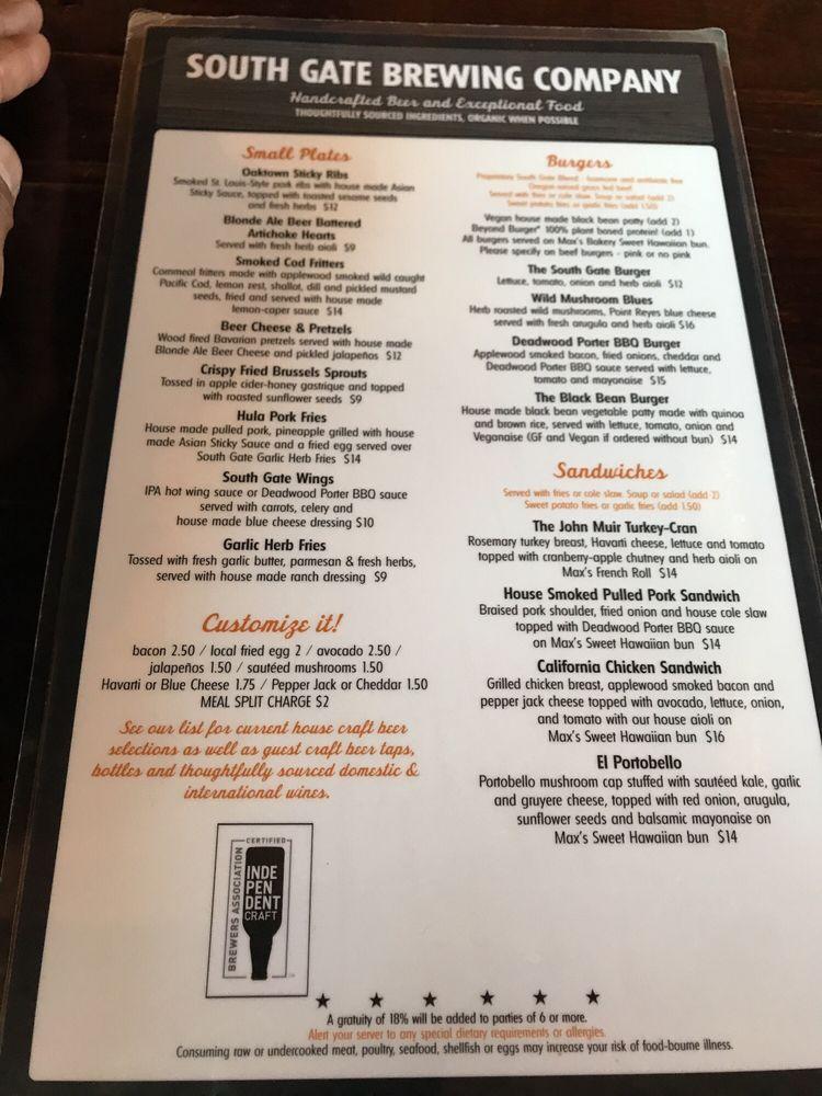 Menu at South Gate Brewing Company pub & bar, Oakhurst