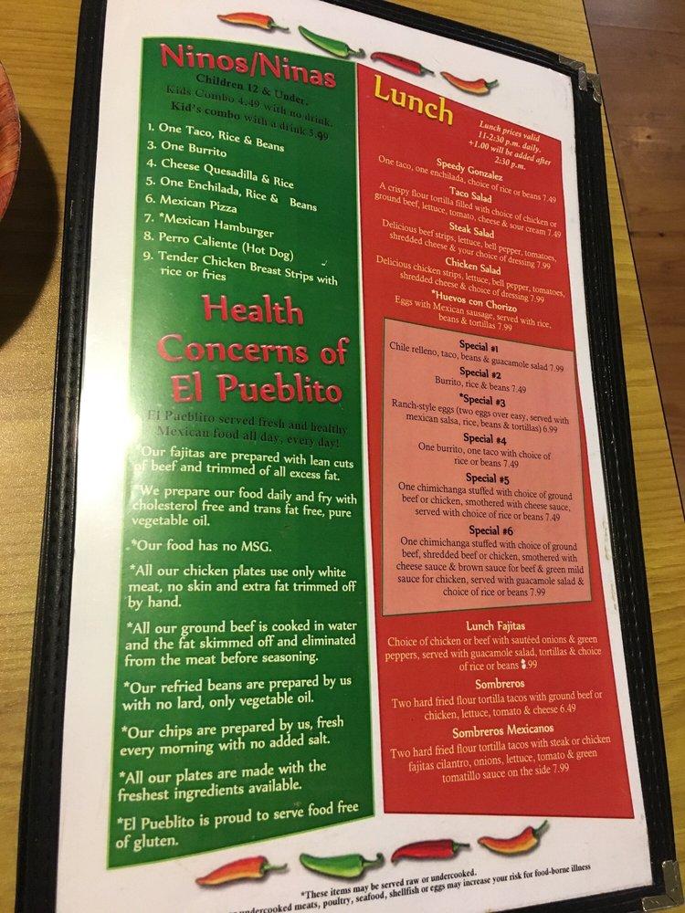 Menu at El Pueblito Mexican Restaurant, Fort Collins
