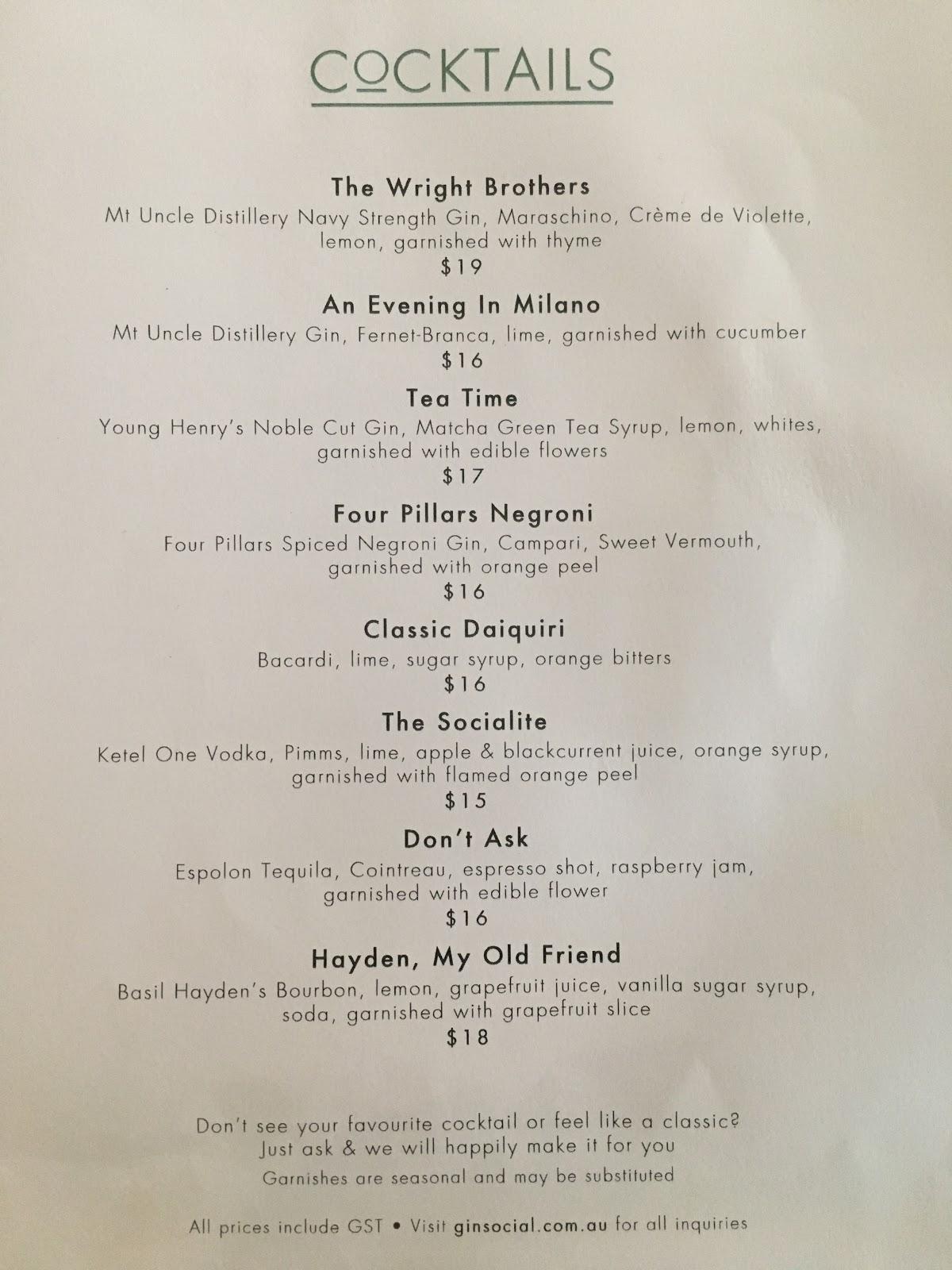 Menu at Gin Social pub & bar, Cairns City