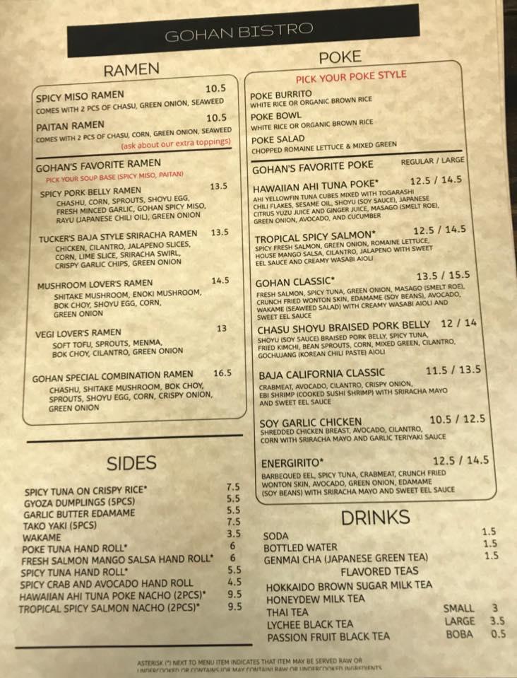 Menu at Gohan Bistro restaurant, Fayetteville