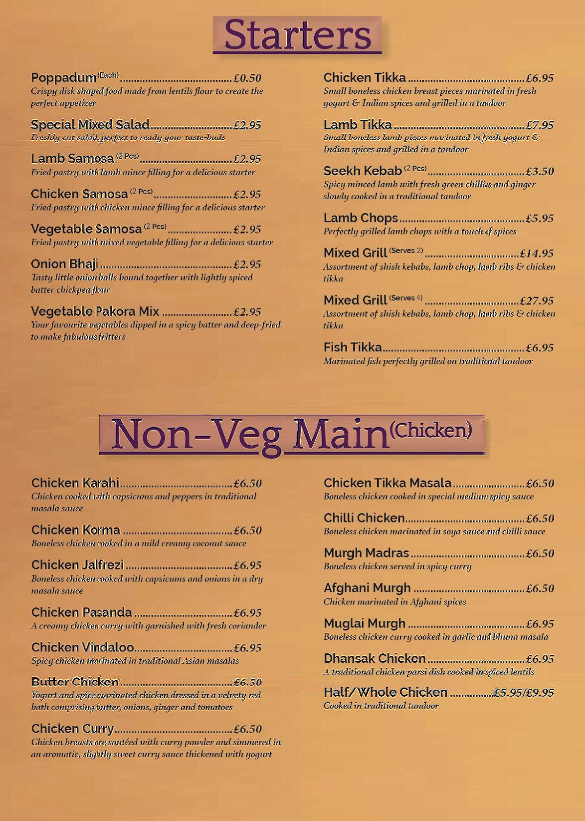 Menu at Indus Valley Cuisine restaurant, London