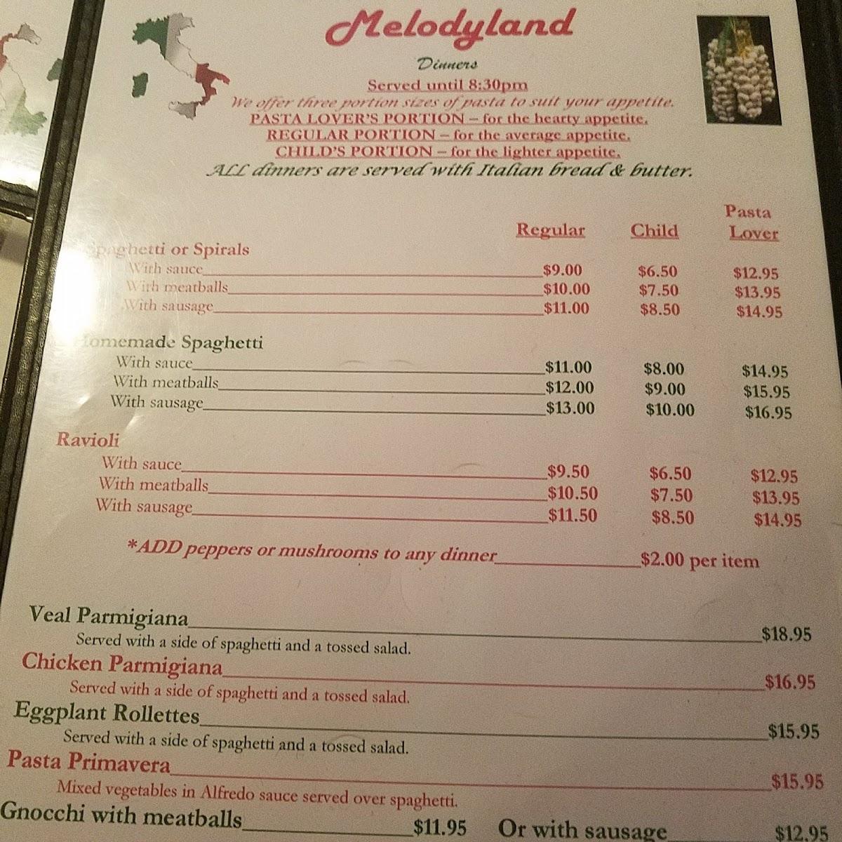 Menu at Melodyland pizzeria, Cortland