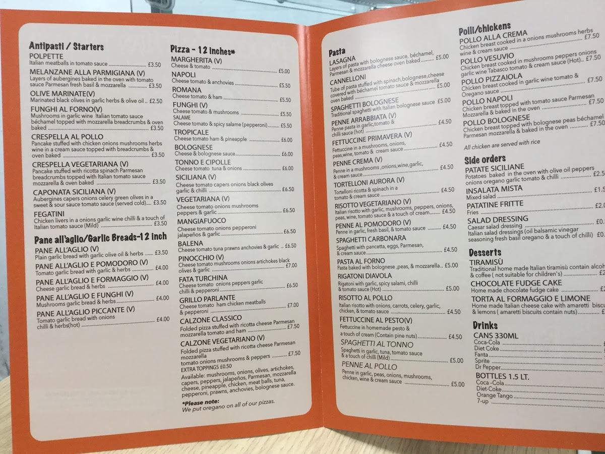 Menu at Pinocchio Italian Takeaway restaurant, Grantham