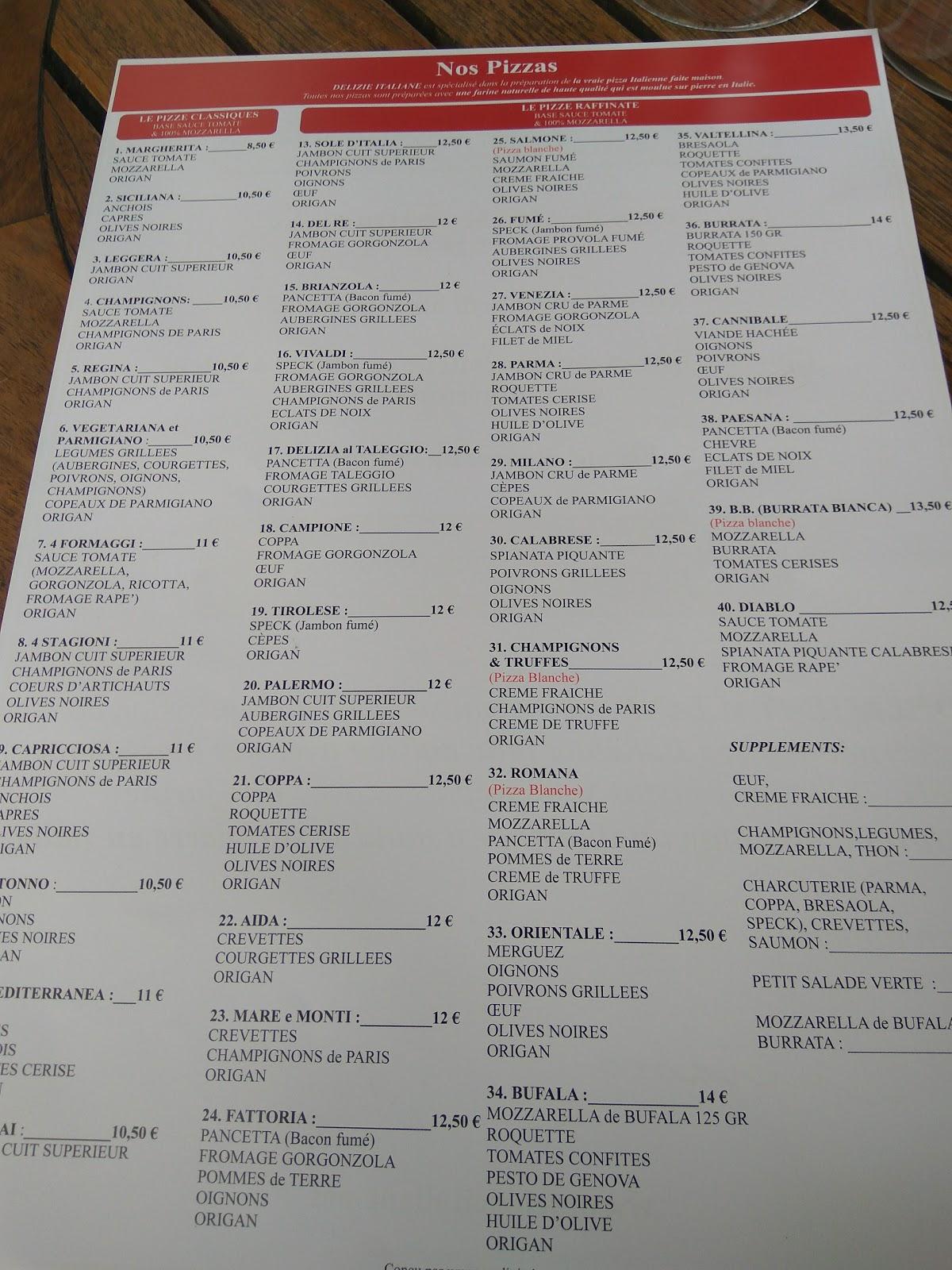 Menu au Delizie Italiane Clichy pizzeria, Clichy