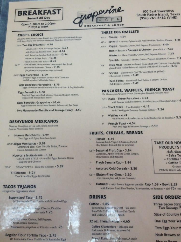 Menu at Grapevine Cafe, South Padre Island