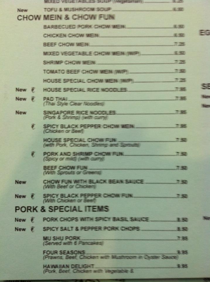 Menu at Lee’s House restaurant, San Jose