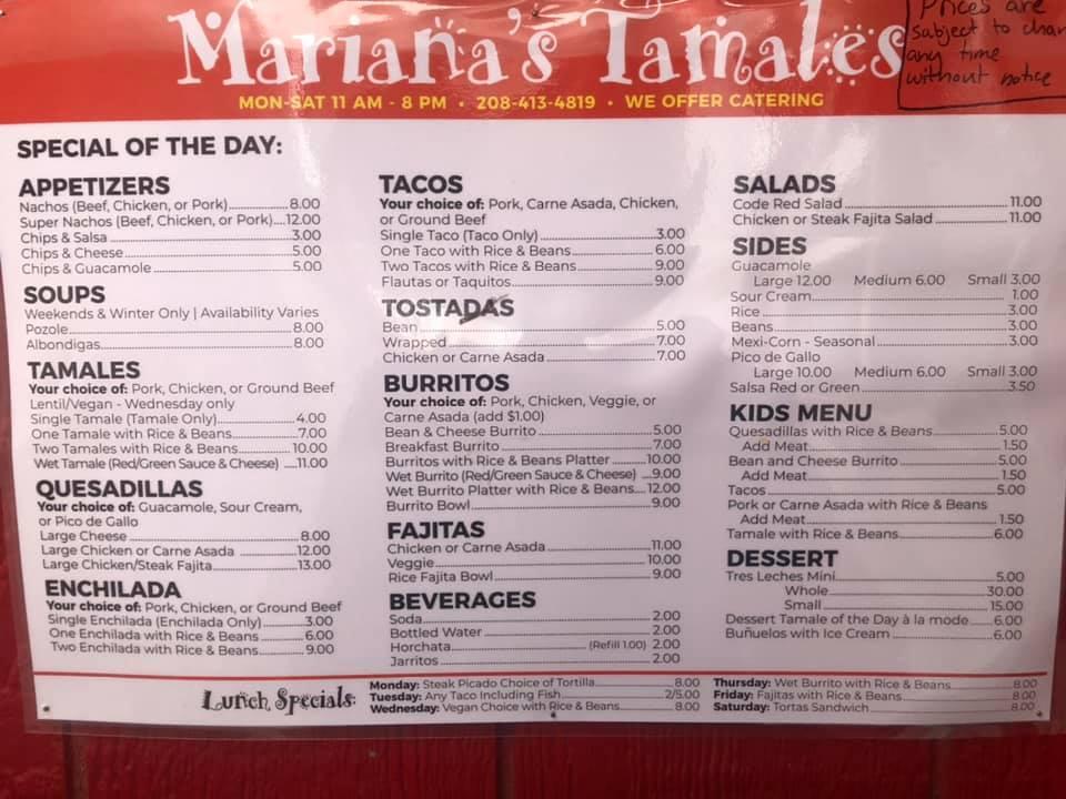 Menu at Mariana's Tamales restaurant, Clarkston
