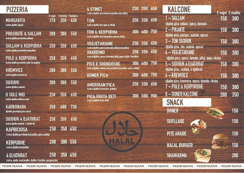 Menu at Piceri Nuova restaurant, Shijak