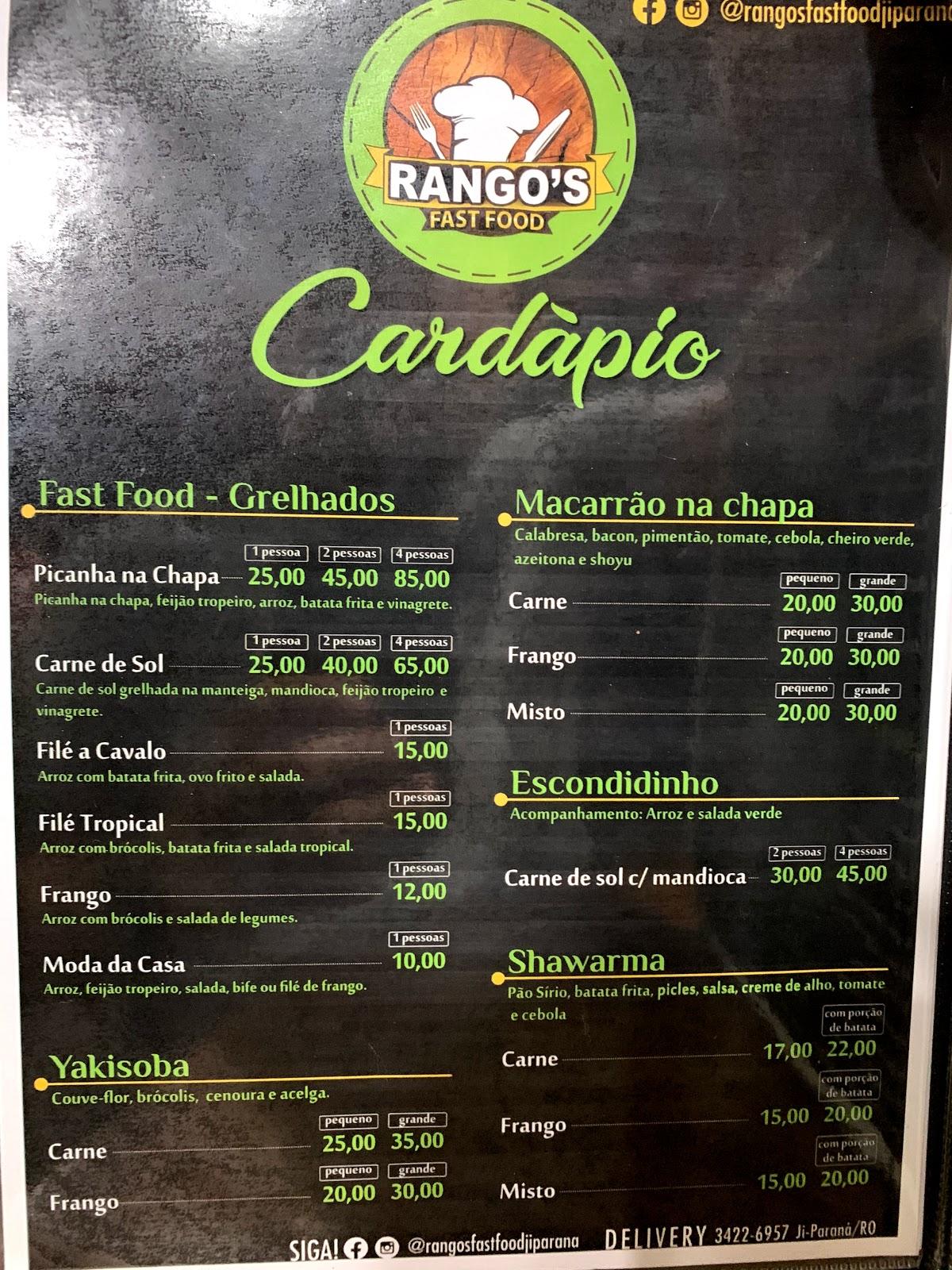Menu em Rango's Fast Food, Ji-Paraná