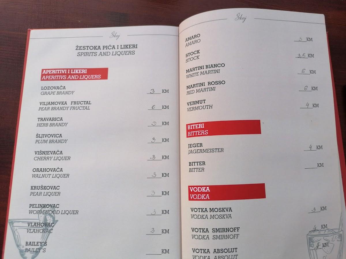 Menu at Škoj restaurant, Neum