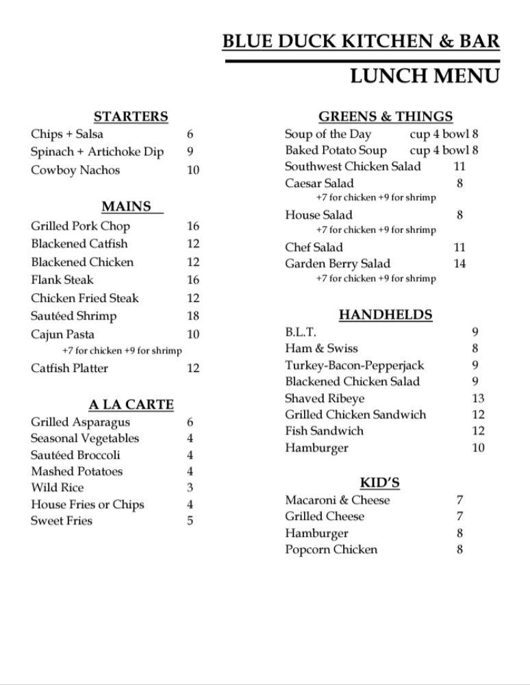 Menu at The Blue Duck Kitchen & Bar, Livingston